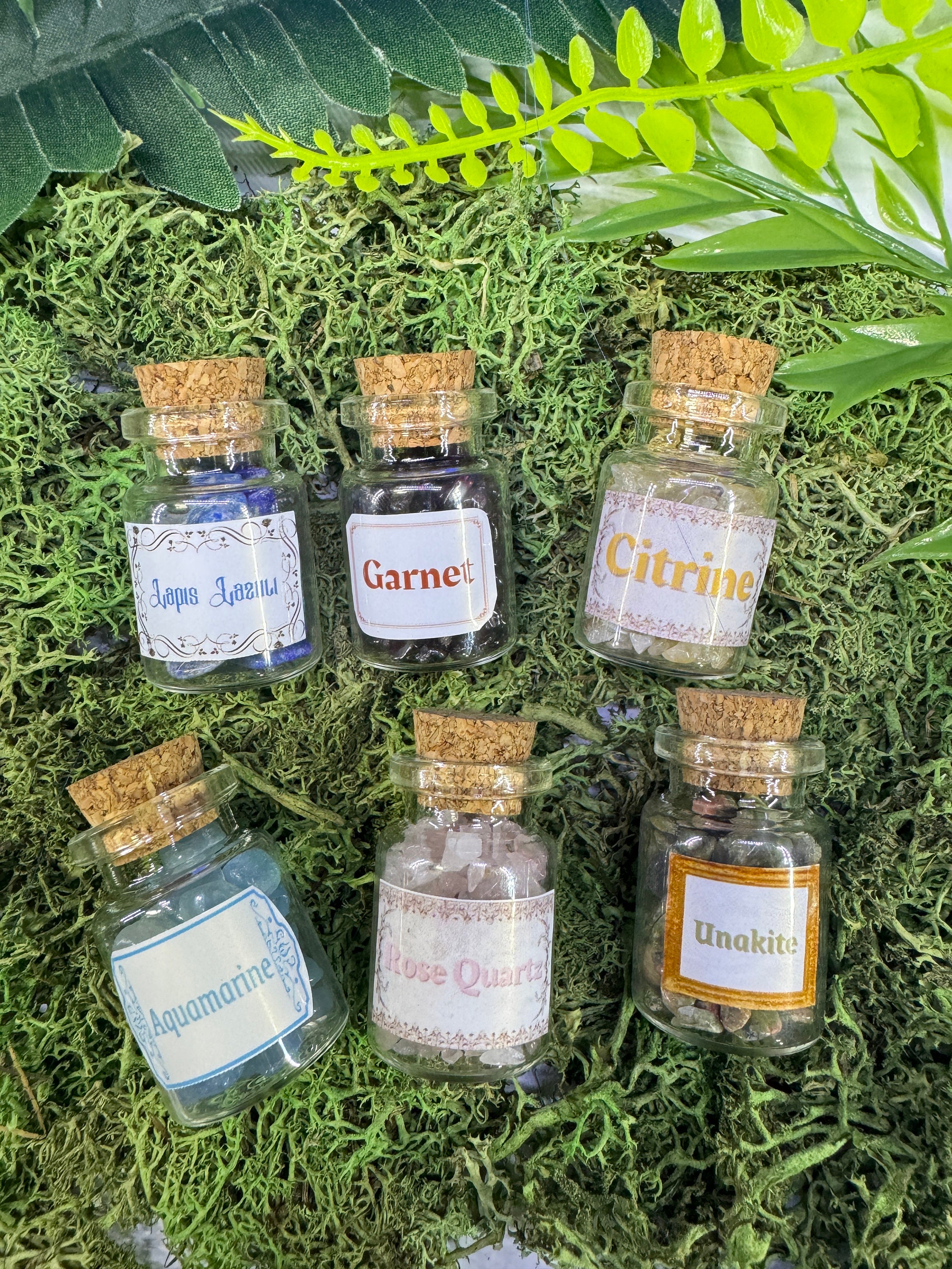 Set of 12 Crystal Mini Glass Bottles: Citrine, Amethyst, Garnet, Lapis ...