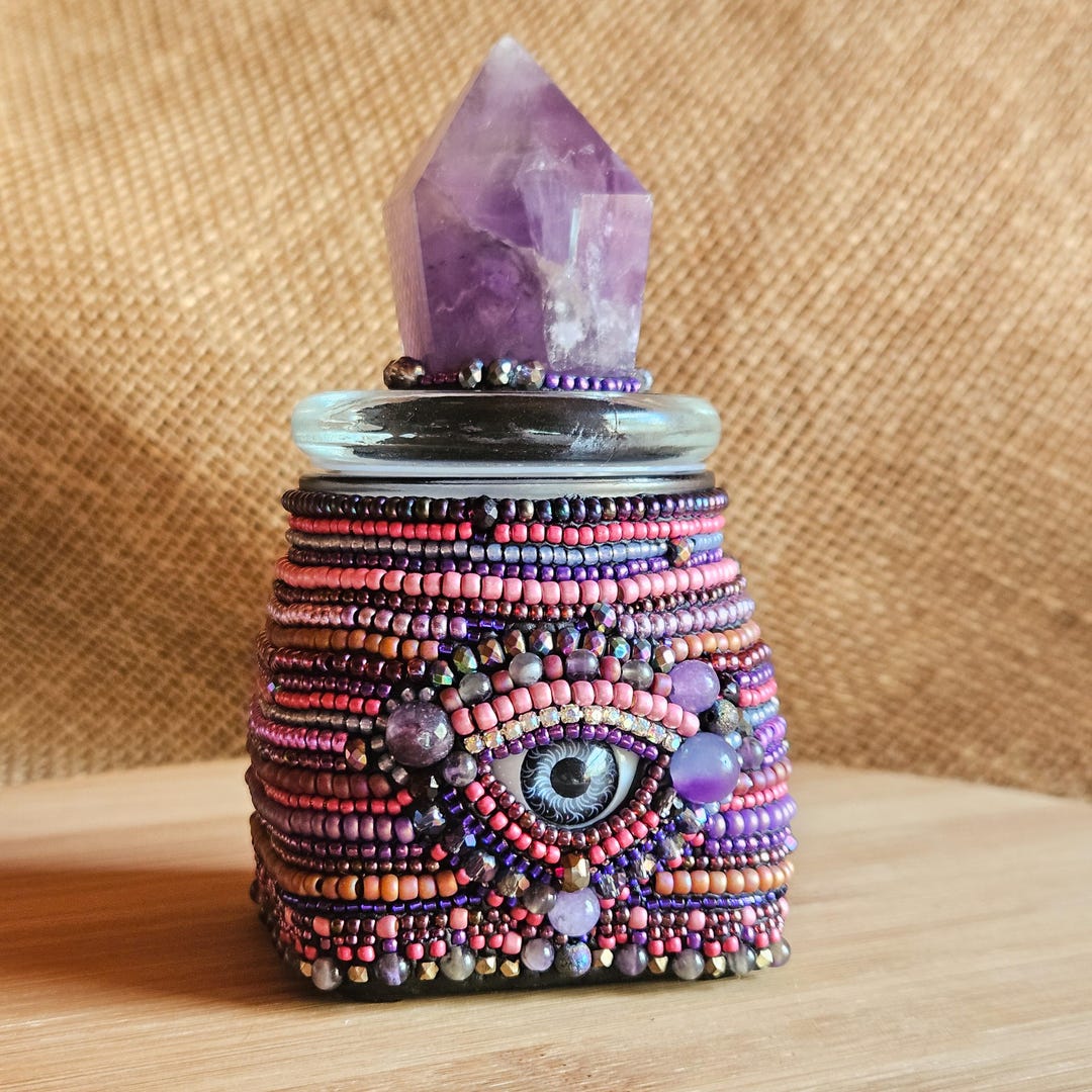 Beaded Evil Eye Jar, Handmade Mosaic Bottle Home Decor, Oddities Table ...