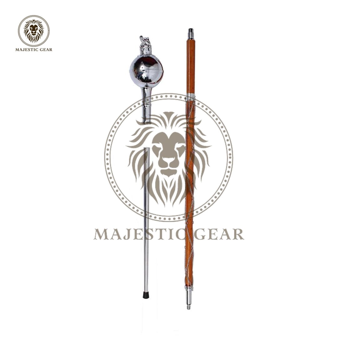 Unique Drum Major Mace & Stick Set Elegant Lion and Crown Top Shiny ...