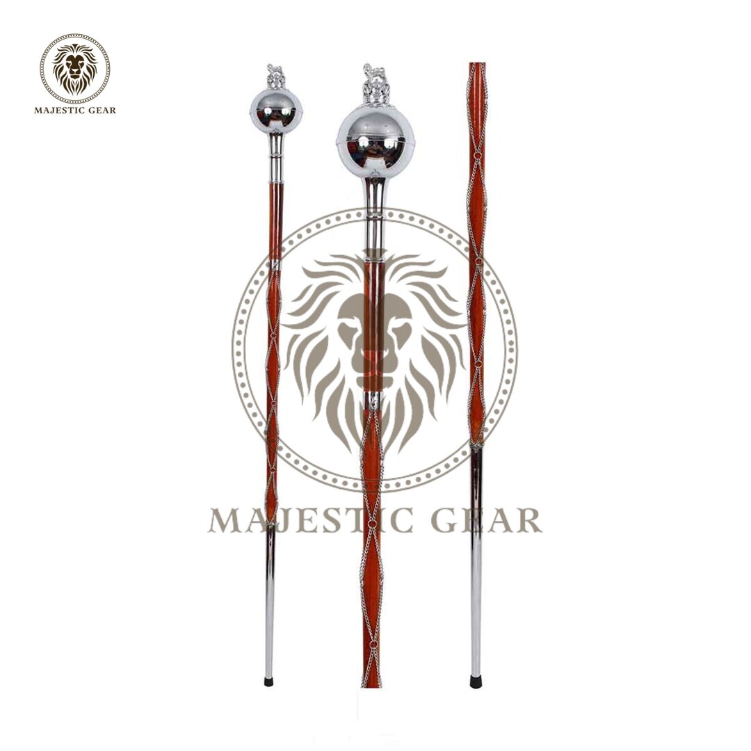 Symbolic Lion and Crown Drum Major Mace Plain Chrome Ball Head Three ...