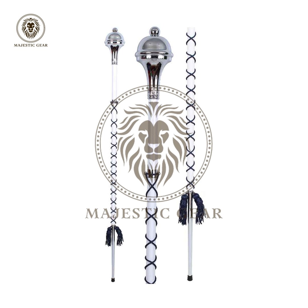 Drum Major Mace With Blue Silk Cord on White Shaft Ball Chrome Head ...