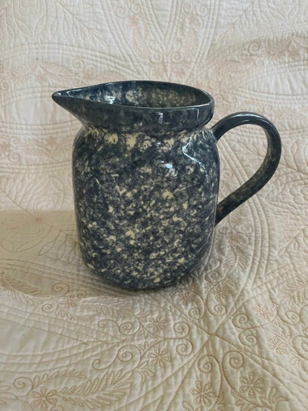 Vintage Blue & Cream Spongeware Pitcher, Country Spatterware, Stoneware ...