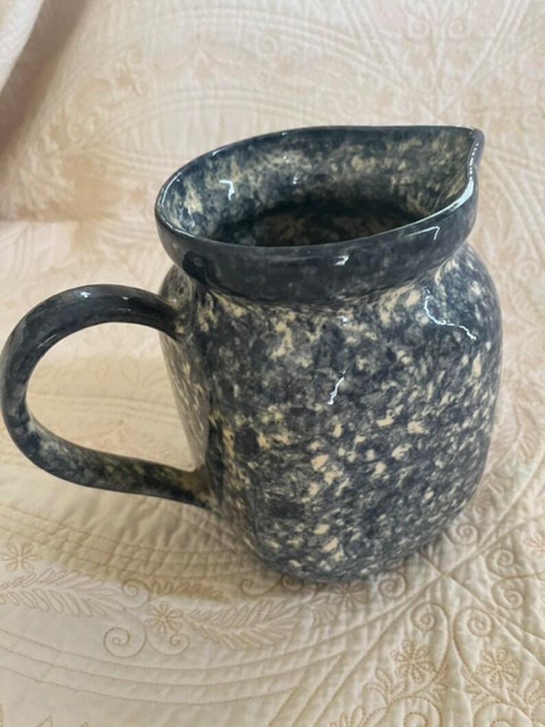 Vintage Blue & Cream Spongeware Pitcher, Country Spatterware, Stoneware ...