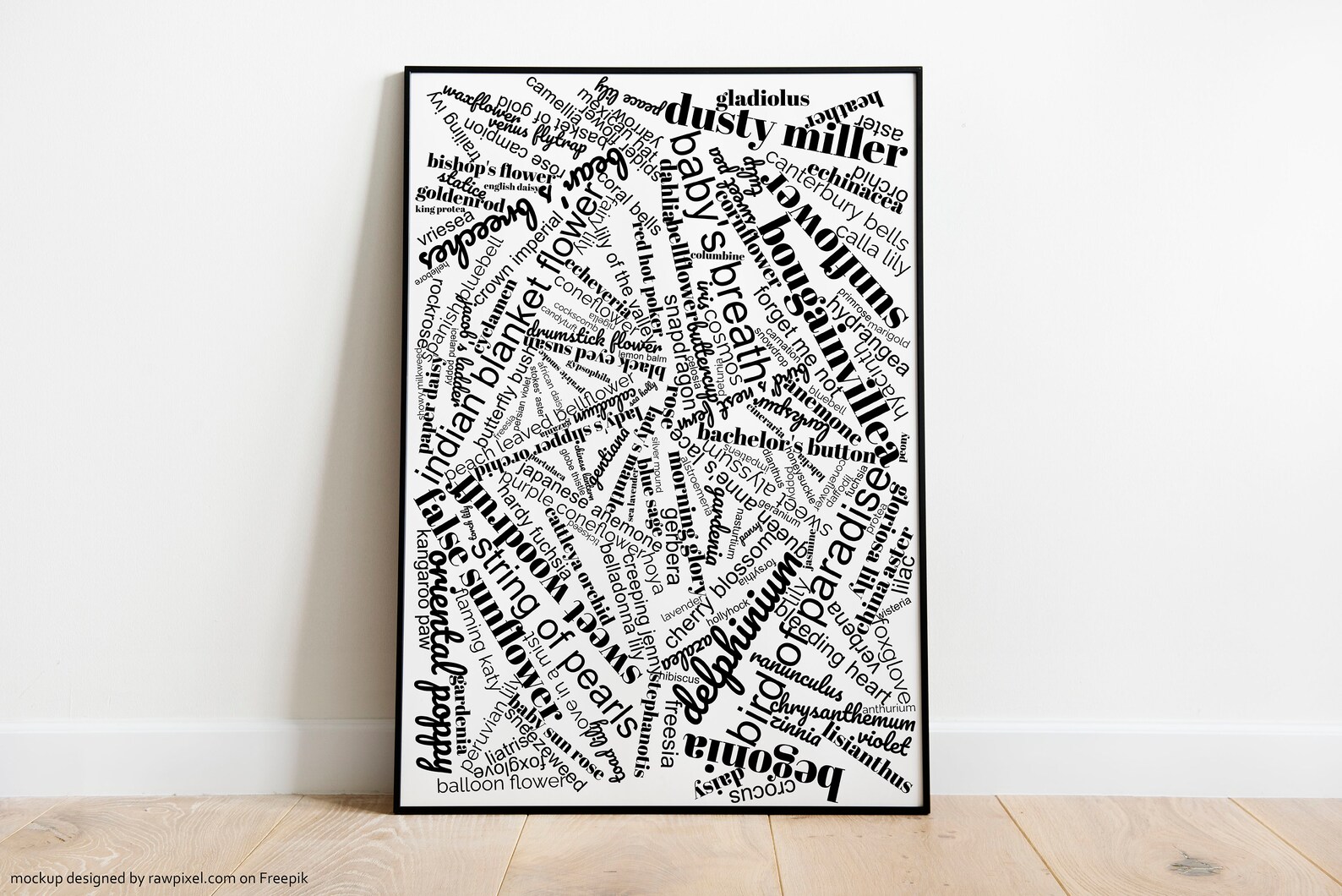 Flowers Wordcloud, Words Composition, Black & White, Wall Art, Modern ...