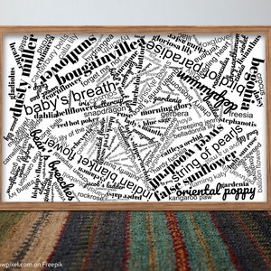 Flowers Wordcloud, Words Composition, Black & White, Wall Art, Modern ...