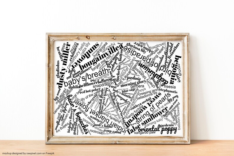 Flowers Wordcloud, Words Composition, Black & White, Wall Art, Modern ...