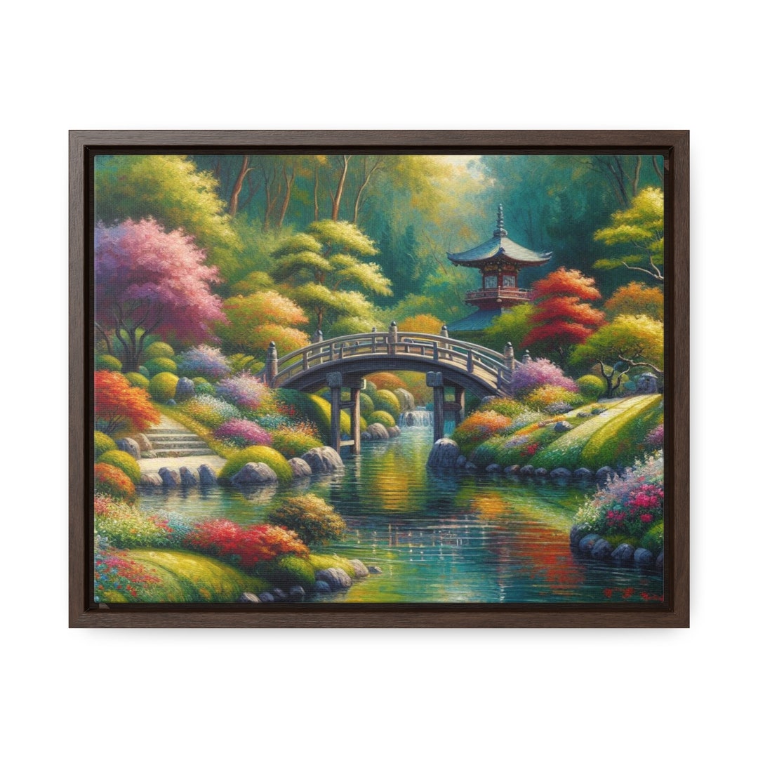 Horizontal Framed Impressionist Japanese Garden Wall Art Family Room ...