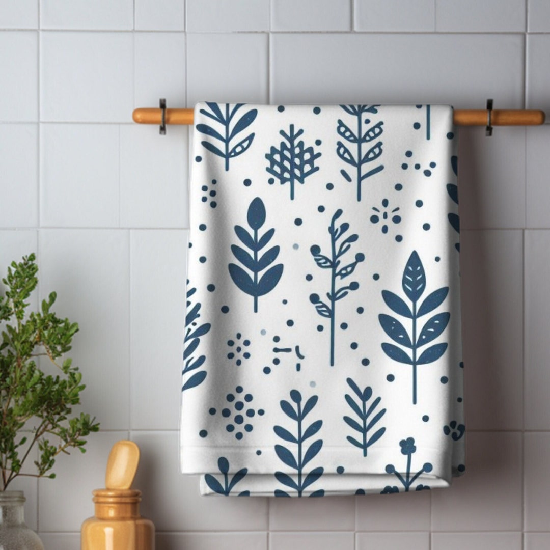 Decorative Large Kitchen Towel Kitchen Decor Navy Leaf Dish Towel Home ...