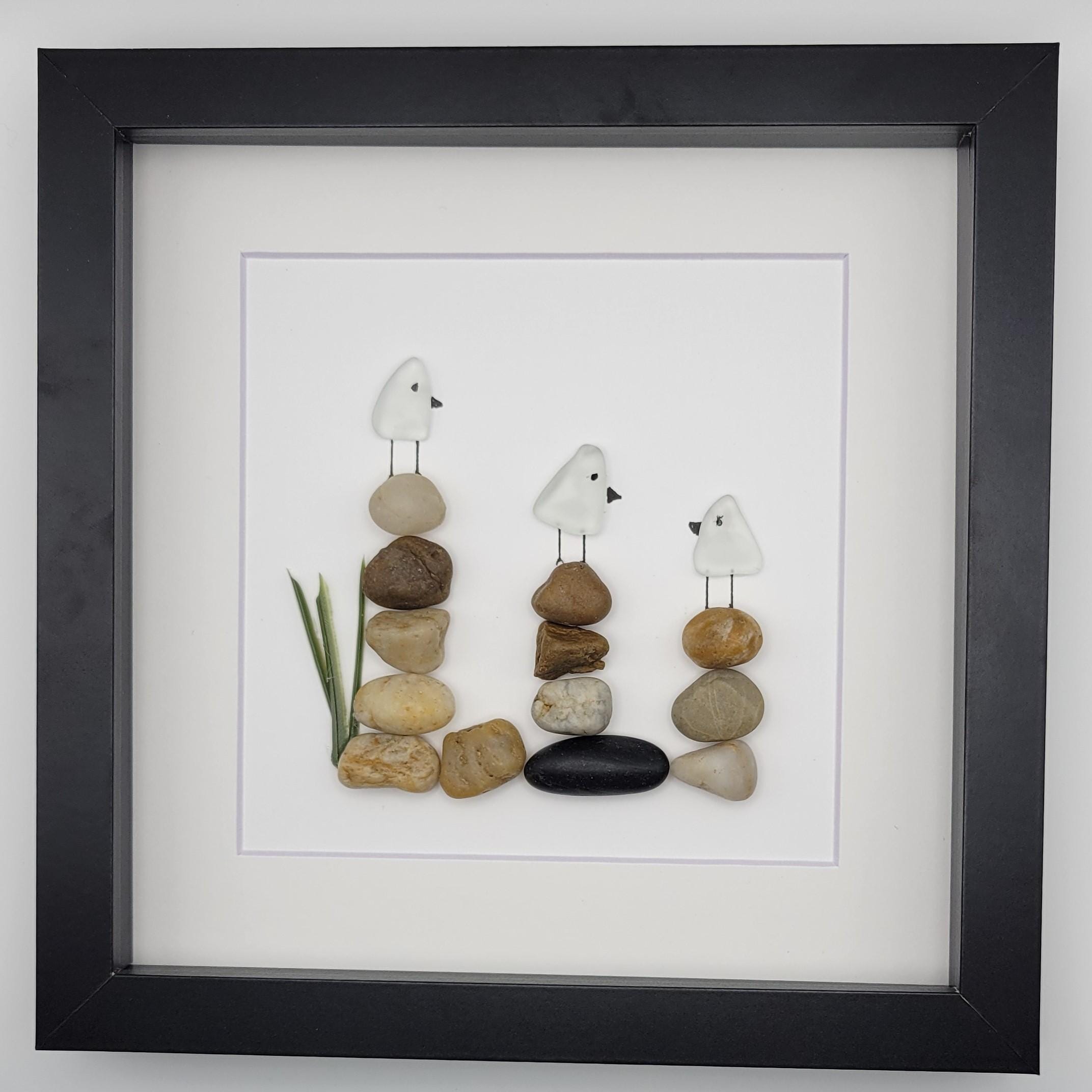 Sea Glass Birds on Stacked Rock Piles Framed Handmade Coastal Beach Art ...