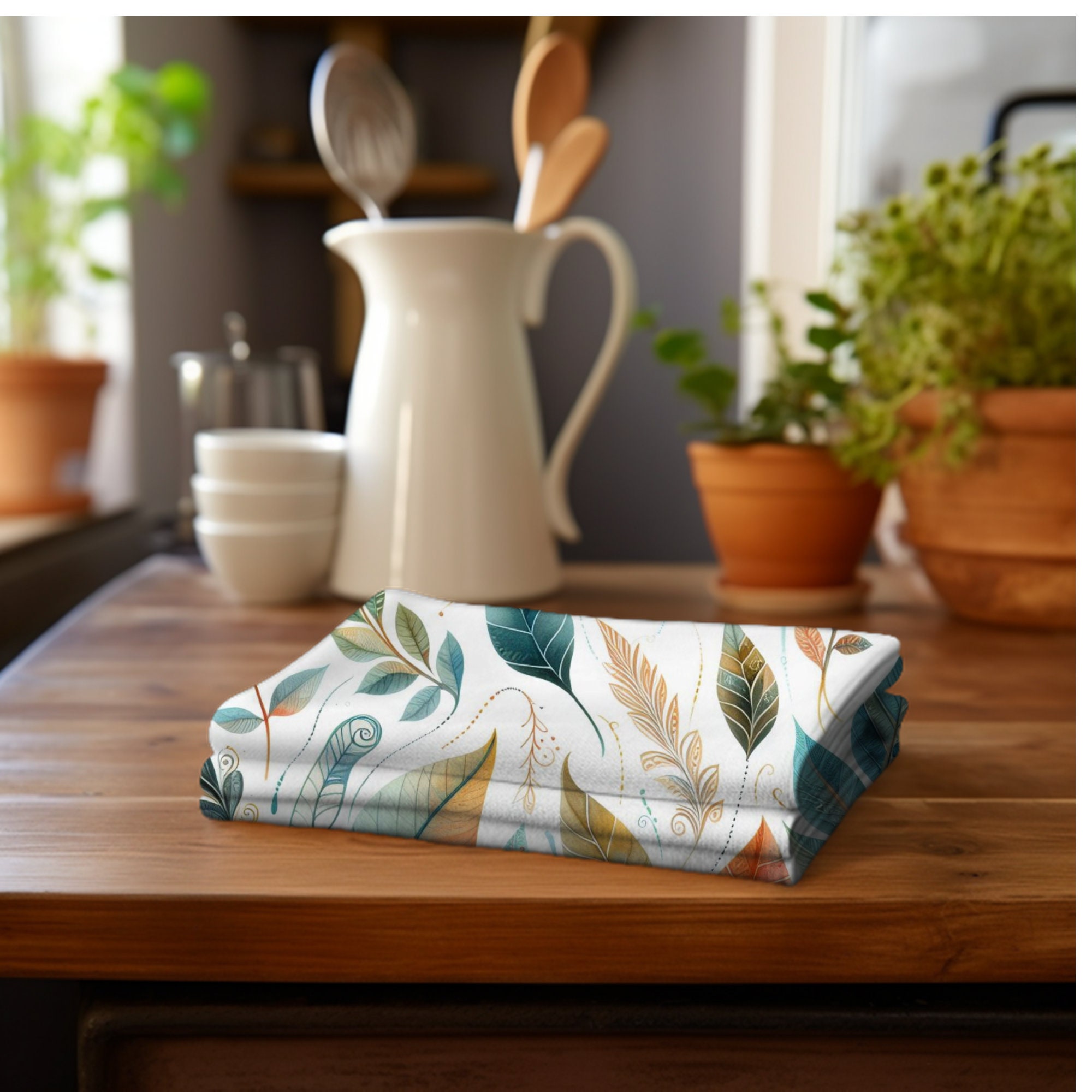 Decorative Kitchen Towel Kitchen Decor Turquoise Orange Leaf Dish Towel ...
