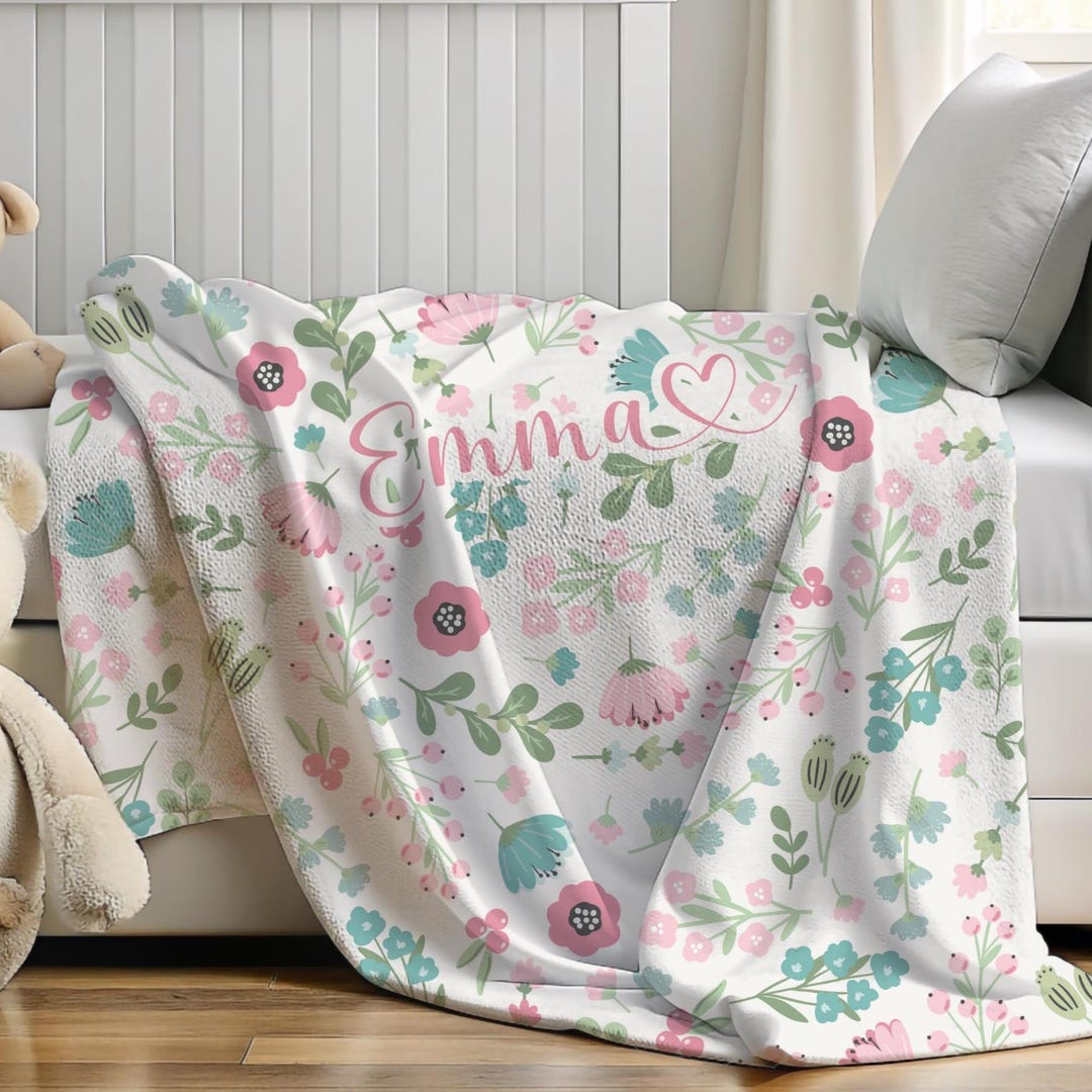 Personalized Plush Blanket Girls Name With Heart Flourish Pink Blue ...