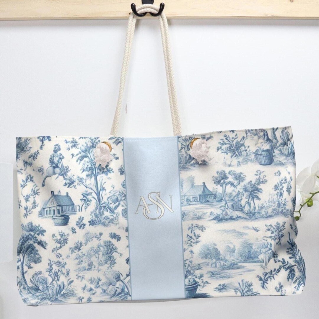Monogrammed Toile Tote Weekender Bag Personalized Travel Tote Overnight ...