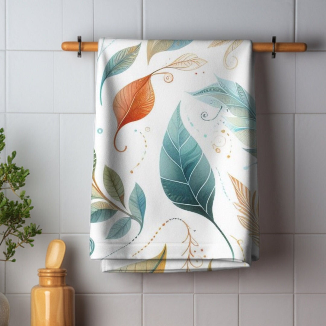 Decorative Kitchen Towel Kitchen Decor Turquoise Orange Leaf Dish Towel ...