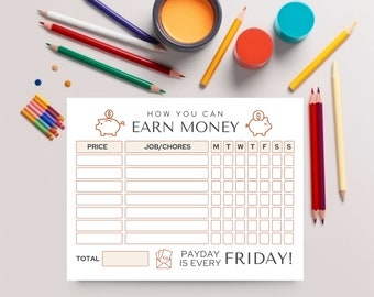 Blue Kids How to Earn Money Chart Printable Childrens Chore Chart Kids ...