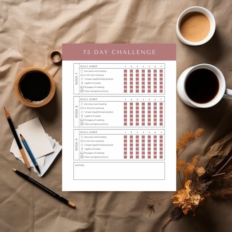 75 Day Challenge Tracker, Red Habit Printable Fitness Journal Self ...