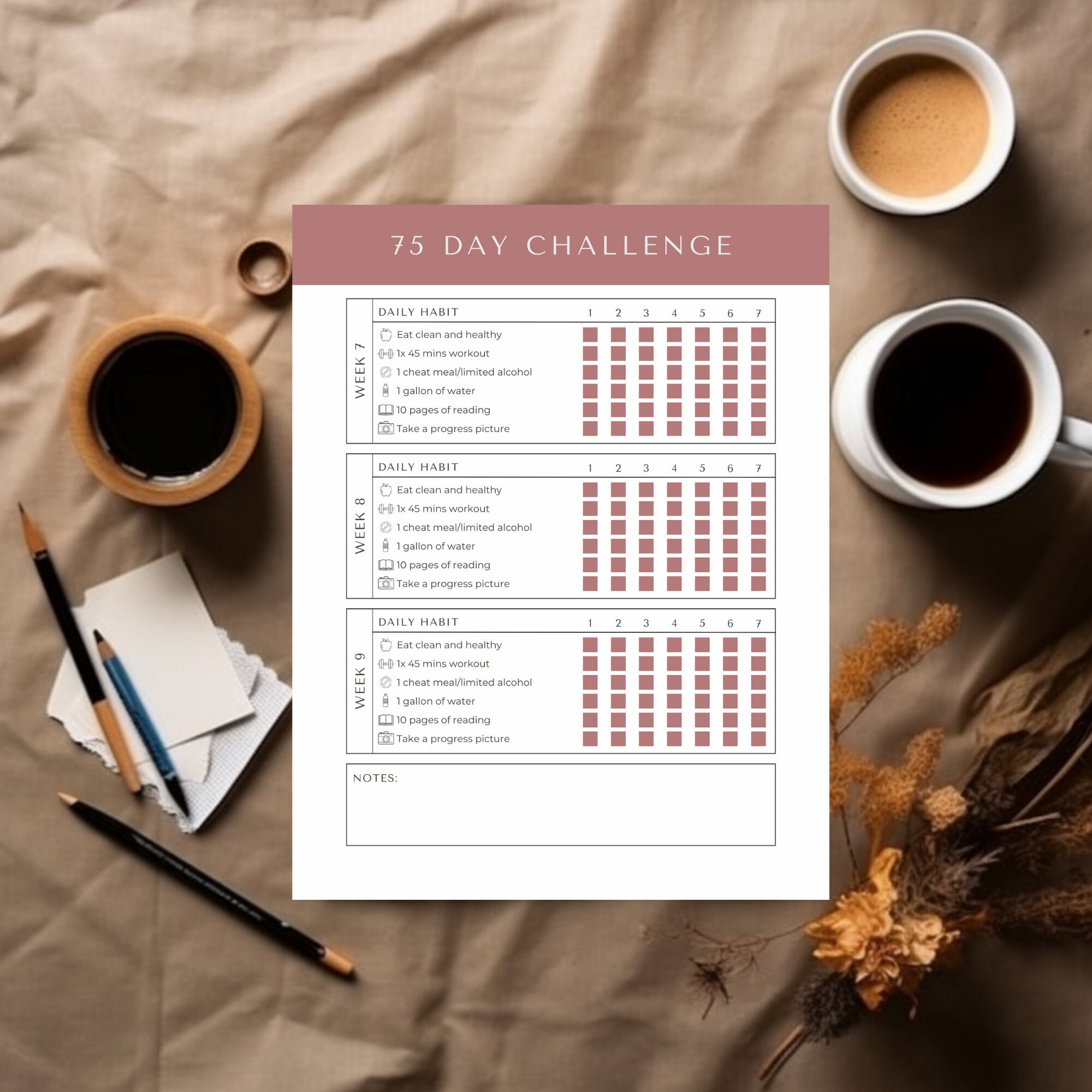 75 Day Challenge Tracker, Red Habit Printable Fitness Journal Self ...