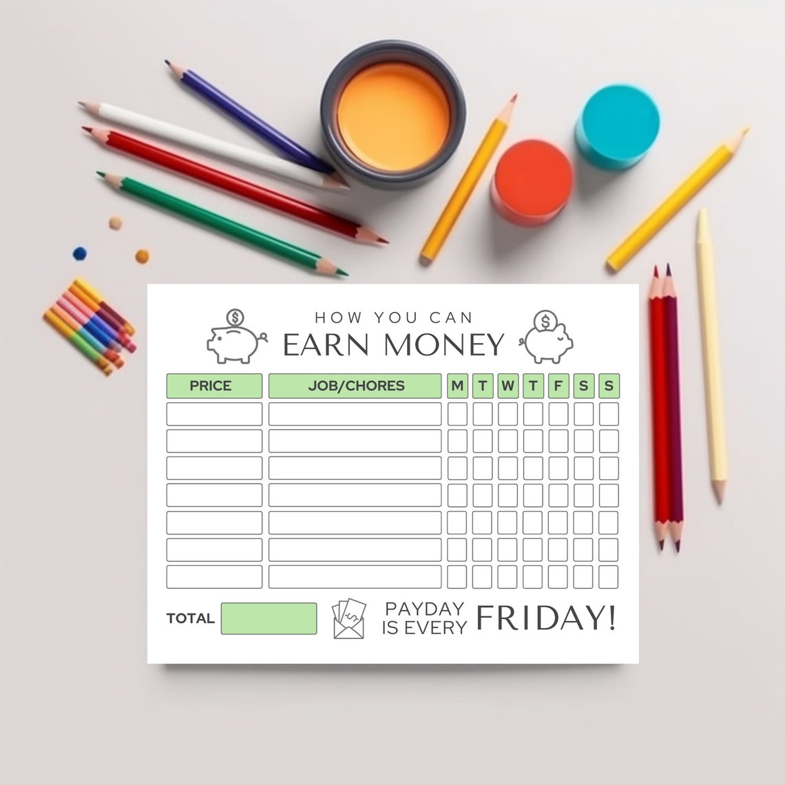 Green Kids How to Earn Money Chart Printable Childrens Chore Chart Kids ...