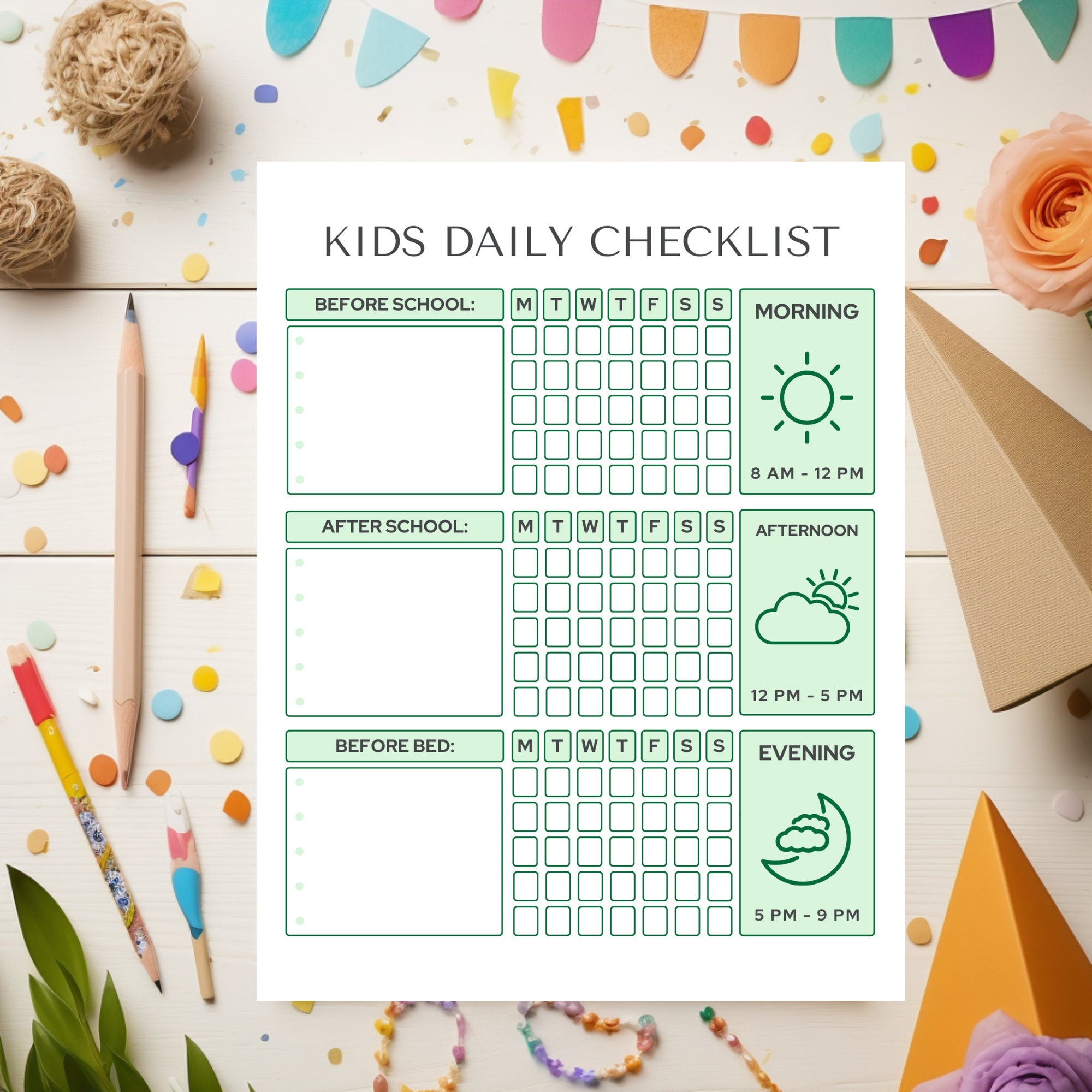 Editable Daily Checklist for Kids Printable Children Green ...