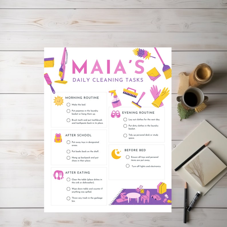 Daily Checklist for Kids Printable Children Pink Responsibility Chart ...