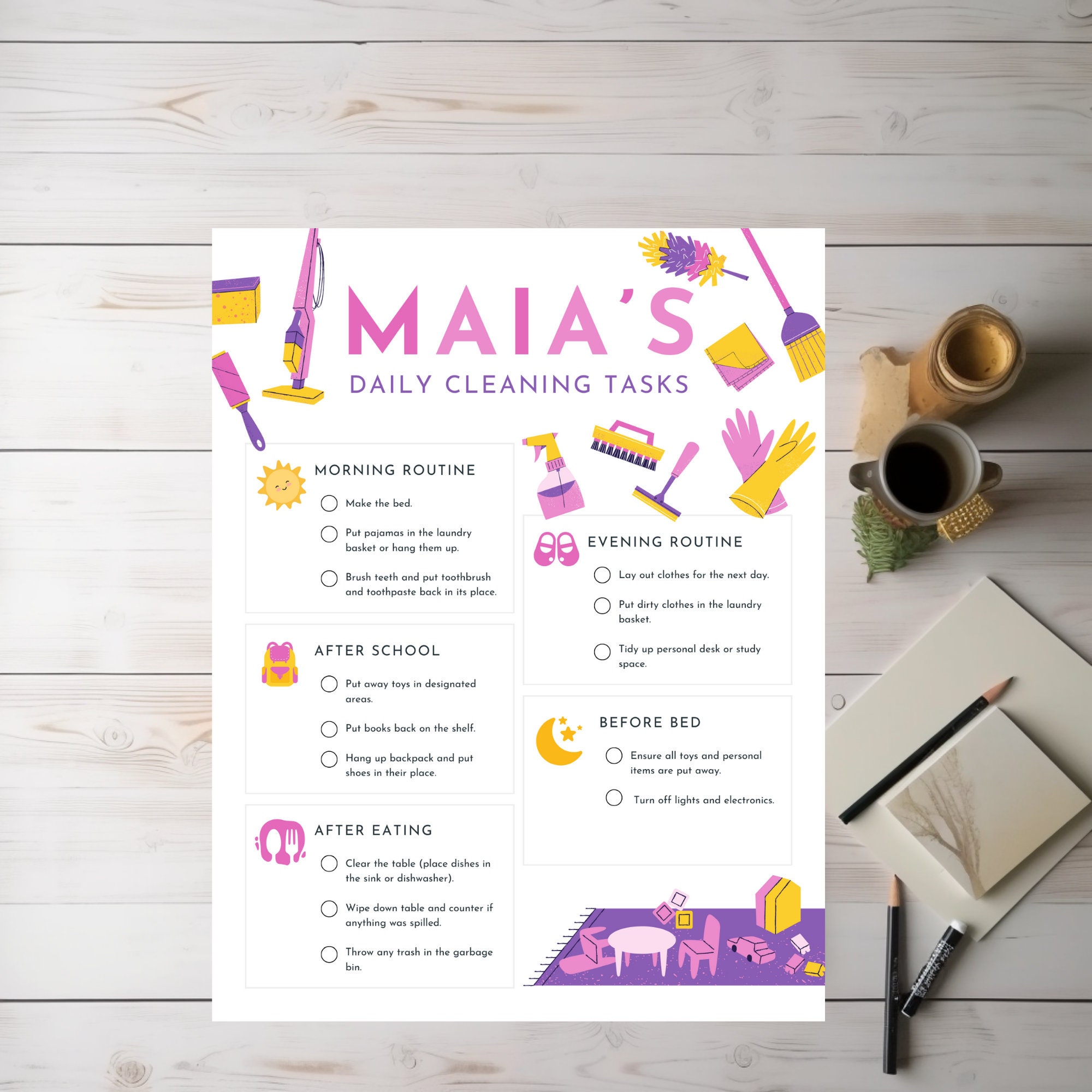 Daily Checklist for Kids Printable Children Pink Responsibility Chart ...