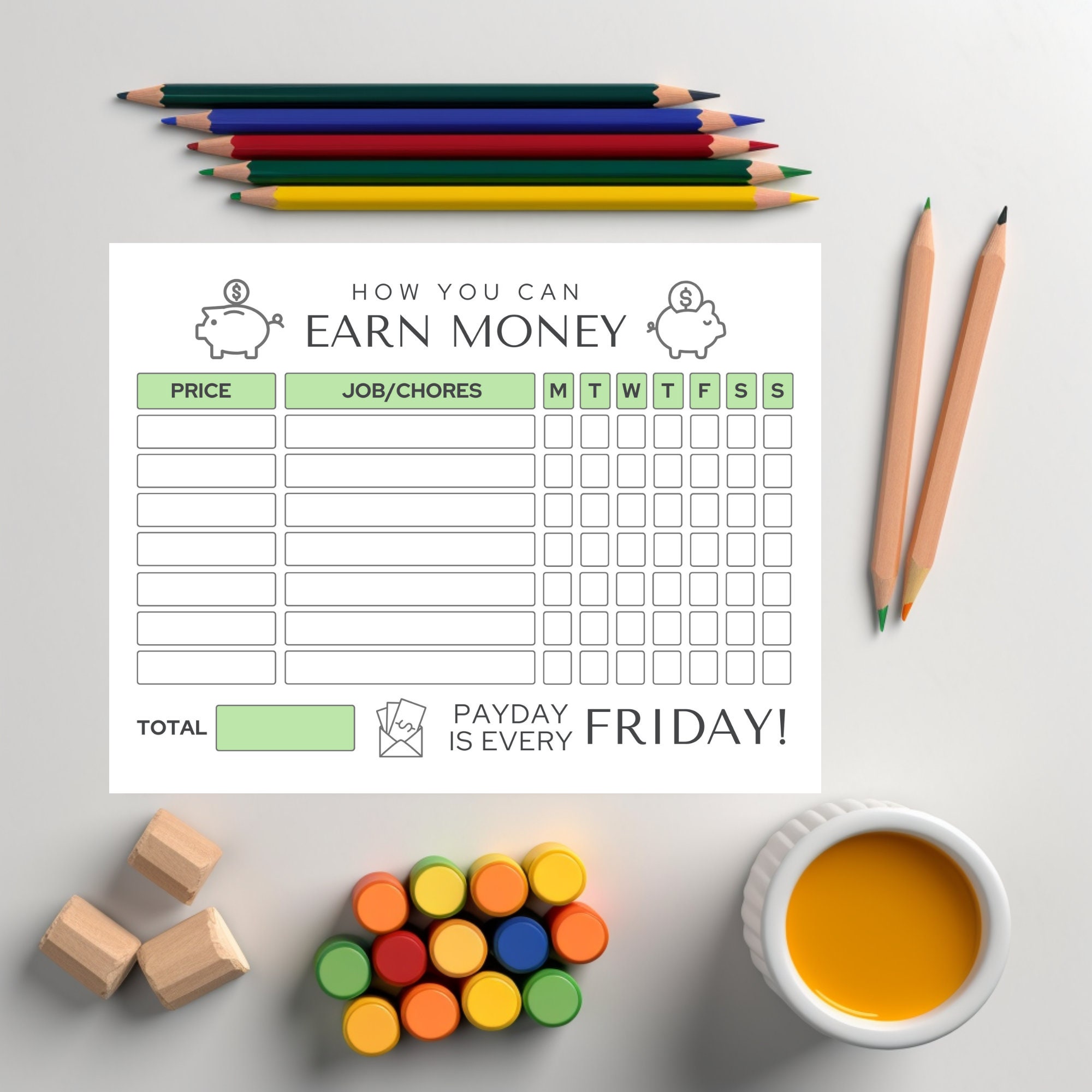 Green Kids How to Earn Money Chart Printable Childrens Chore Chart Kids ...