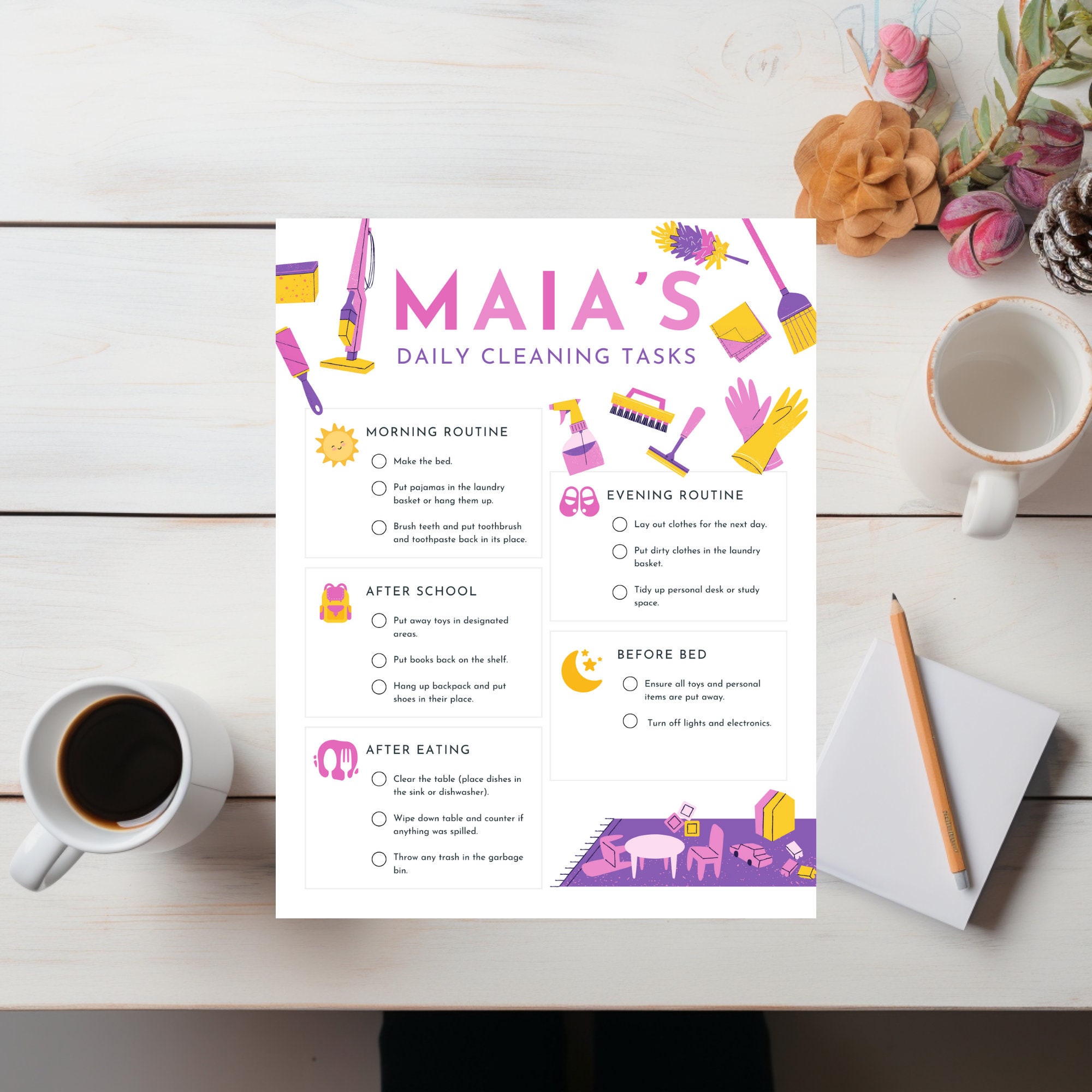 Daily Checklist for Kids Printable Children Pink Responsibility Chart ...