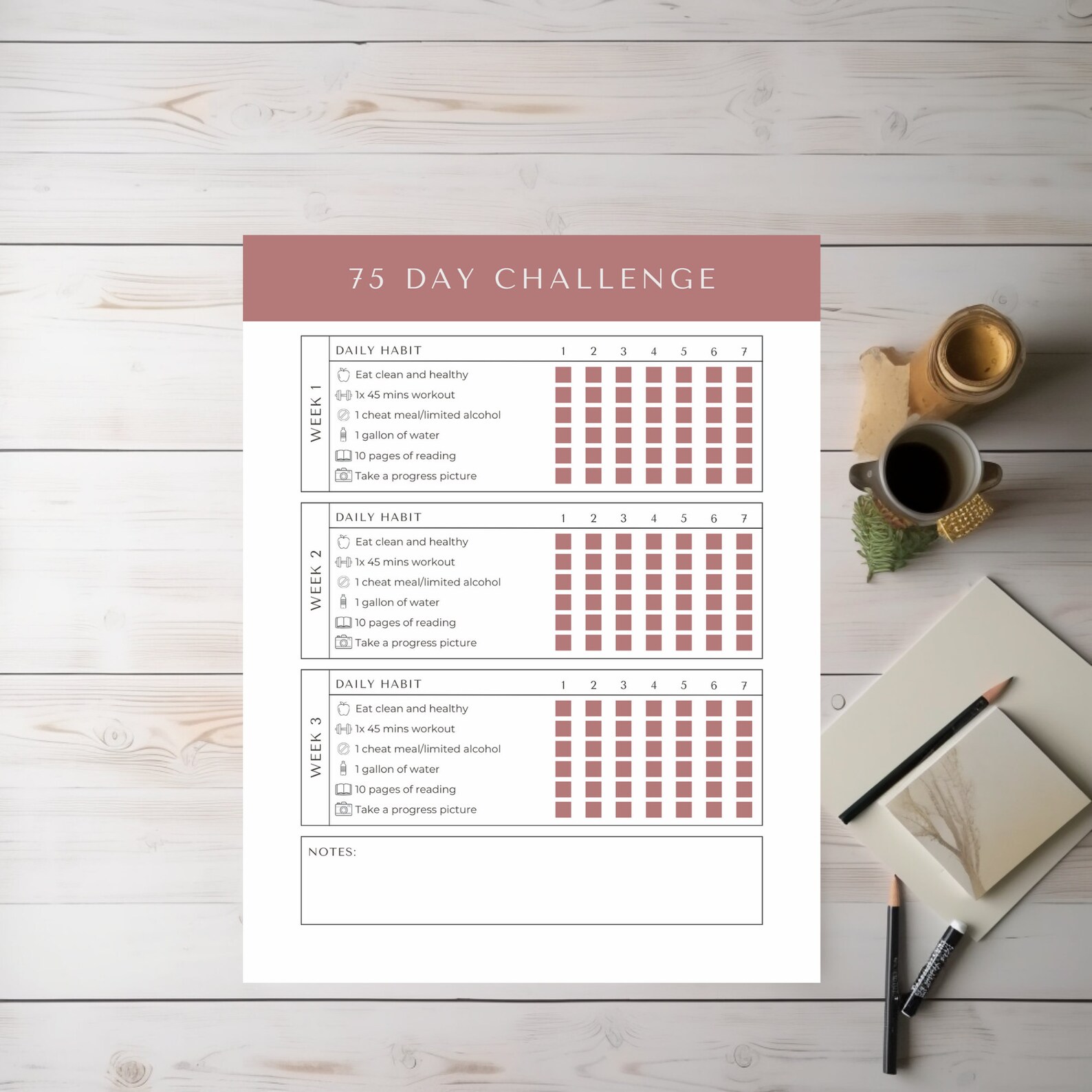 75 Day Challenge Tracker, Red Habit Printable Fitness Journal Self ...