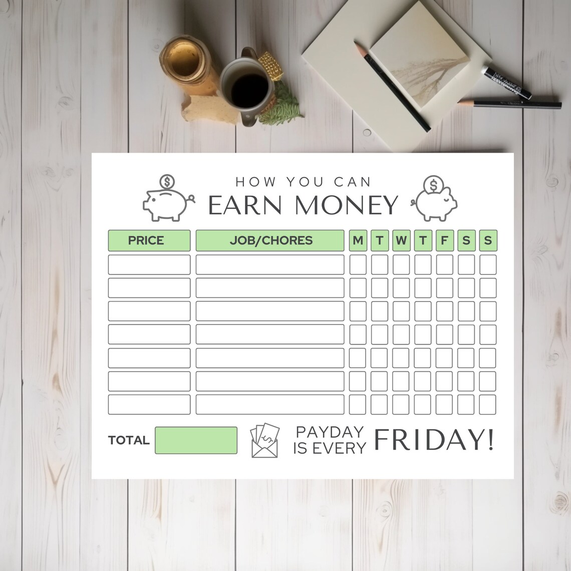 Green Kids How to Earn Money Chart Printable Childrens Chore Chart Kids ...