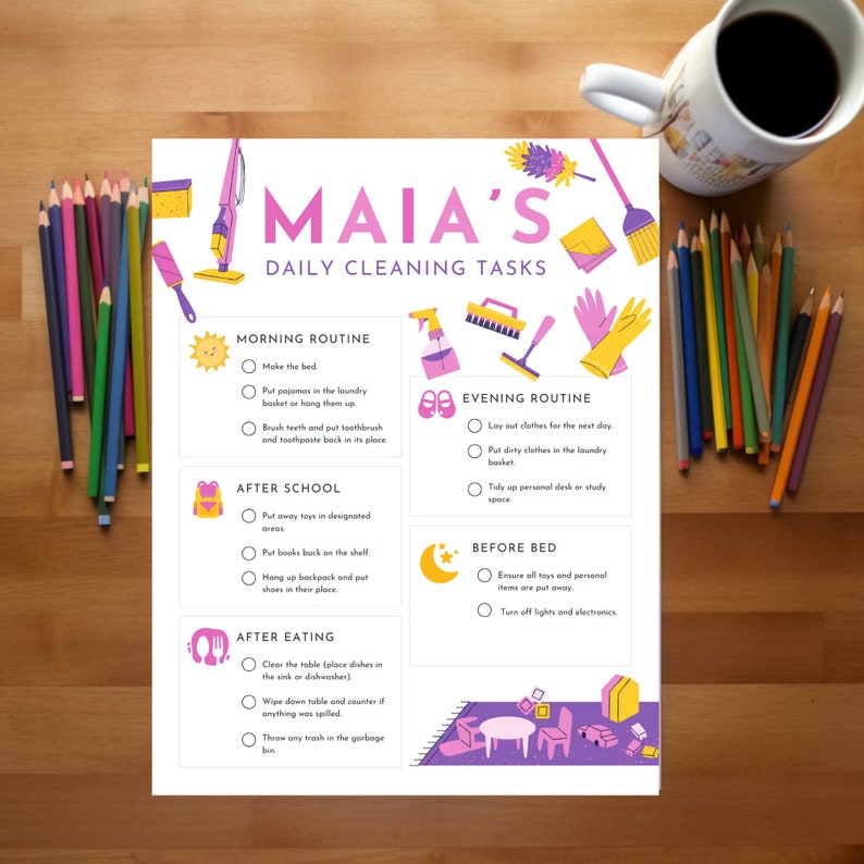 Daily Checklist for Kids Printable Children Pink Responsibility Chart ...