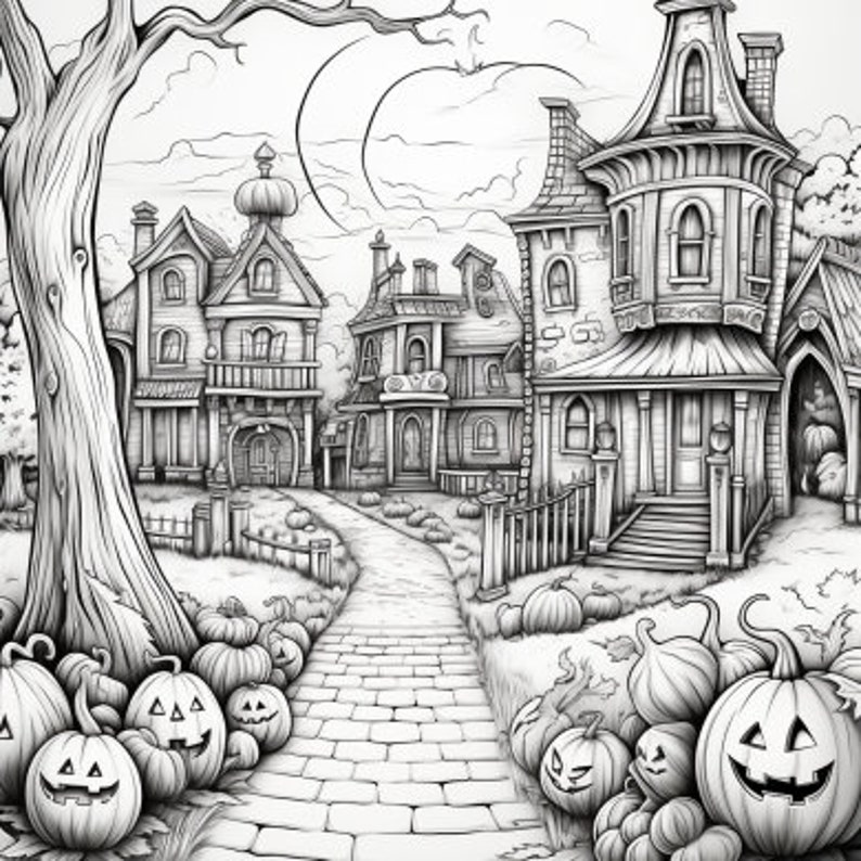 Halloween Landscapes Coloring Book, 50 Pages of Landscapes, Halloween ...