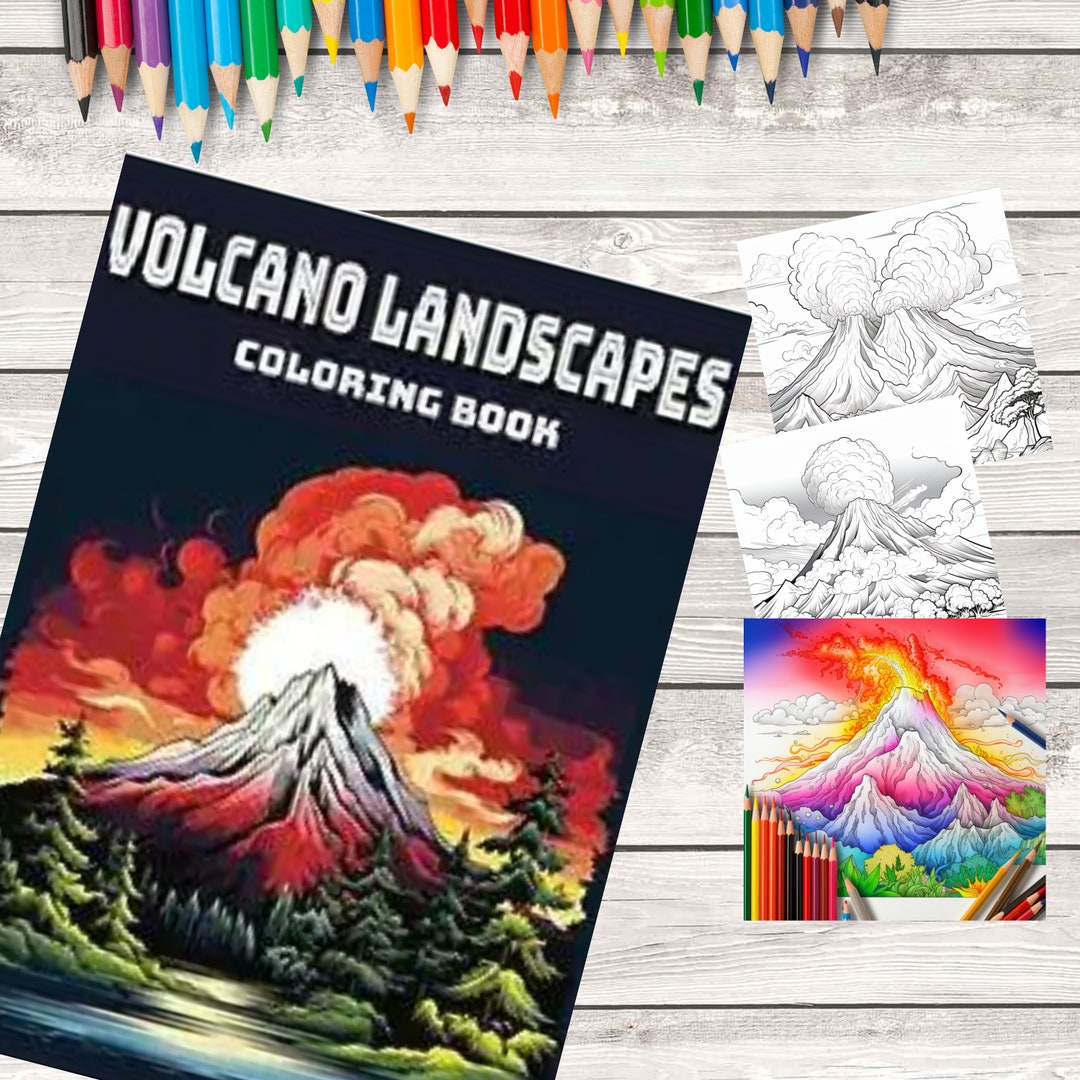 Volcano Landscapes Coloring Book, Volcano Color, Active Volcano, Pencil ...