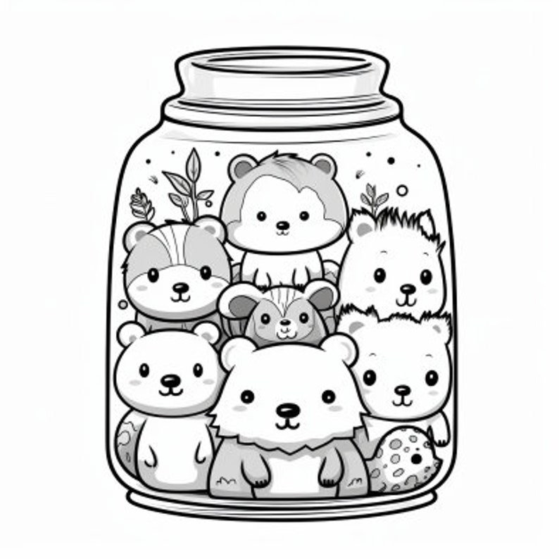 Cute Animals in a Jar Coloring Book, 50 Pages of Coloring, Animals ...