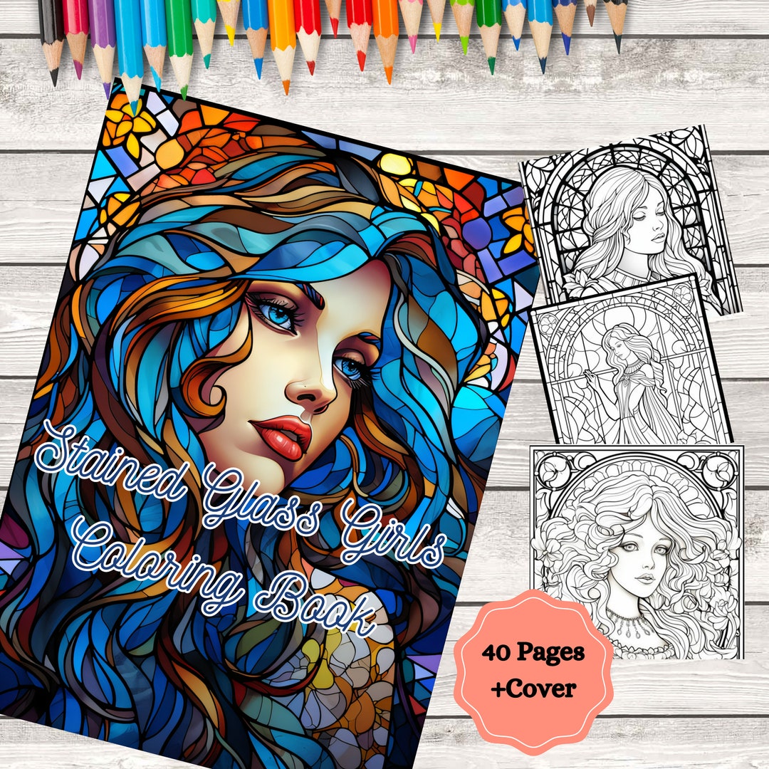 Colorful Stained Glass Girls - Printable PDF Coloring Book, 40 Pages of ...