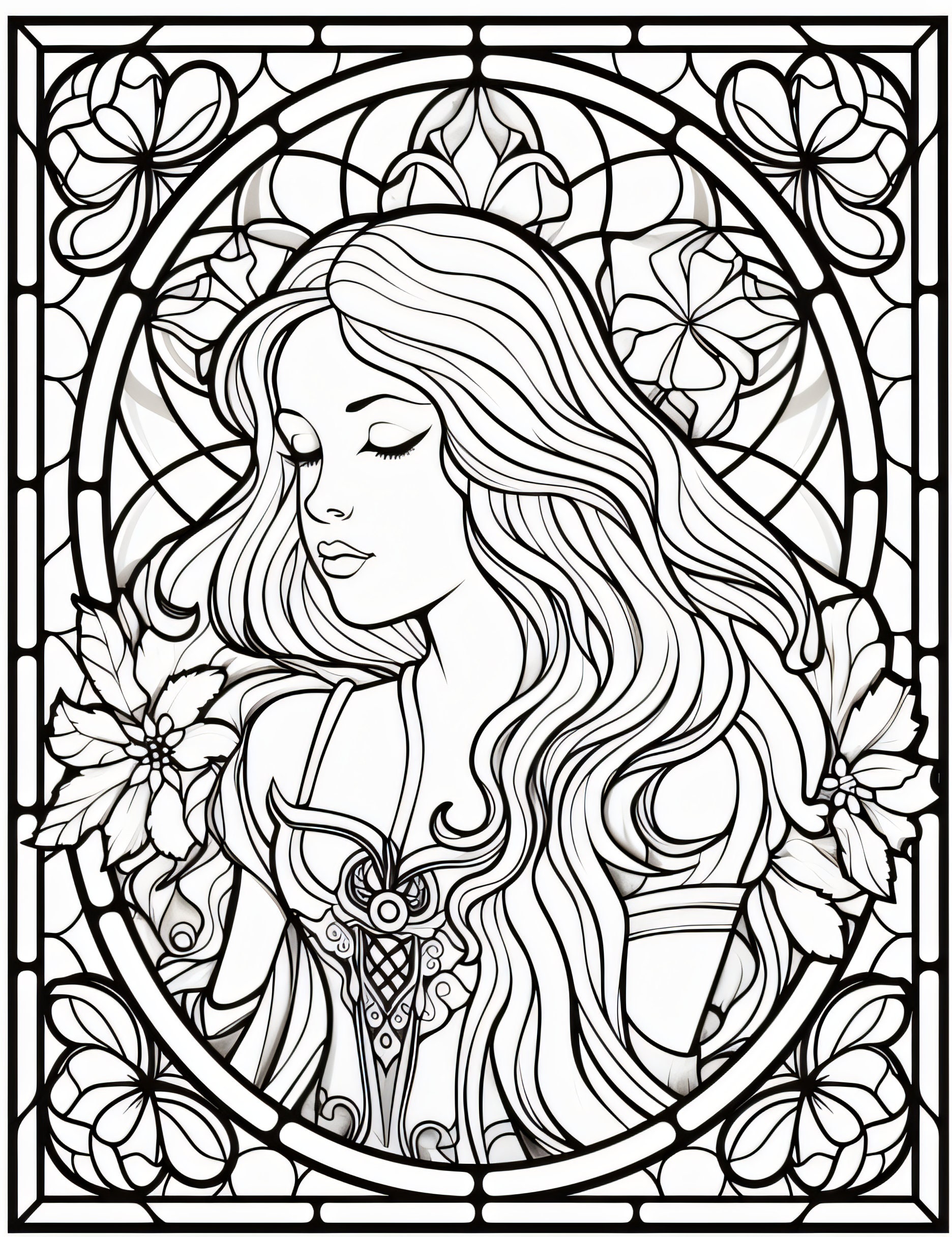 Colorful Stained Glass Girls Printable PDF Coloring Book, 40 Pages of ...