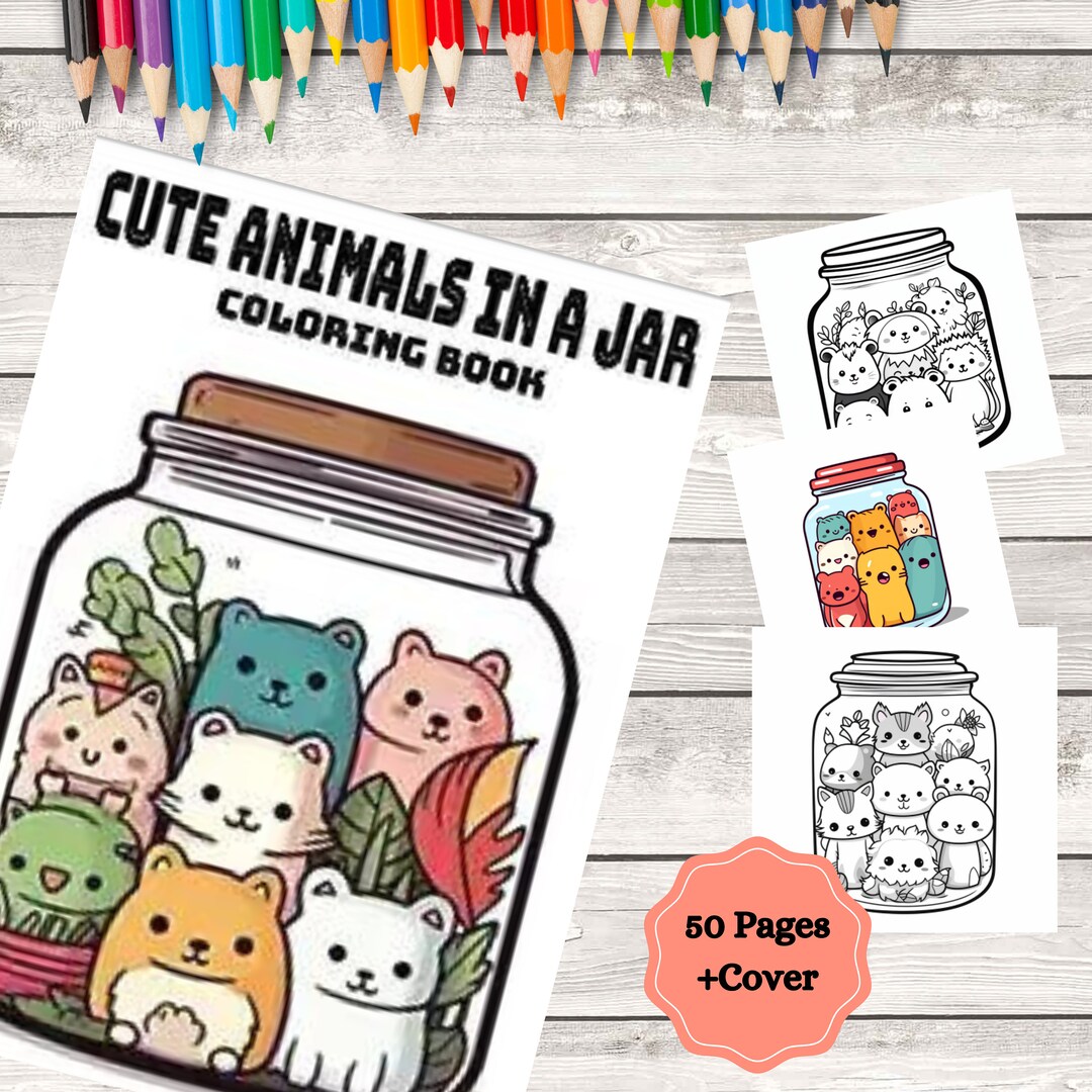 Cute Animals in a Jar Coloring Book, 50 Pages of Coloring, Animals ...