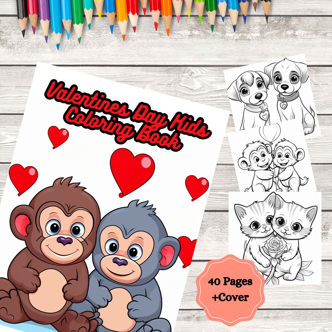 Valentines Day Kids Coloring Book With Cute Animals, 40 Pages of ...