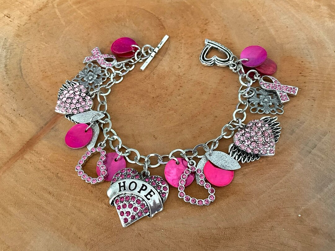 Breast Cancer Charm Bracelet With Pink Rhinestone hope Centerpiece ...