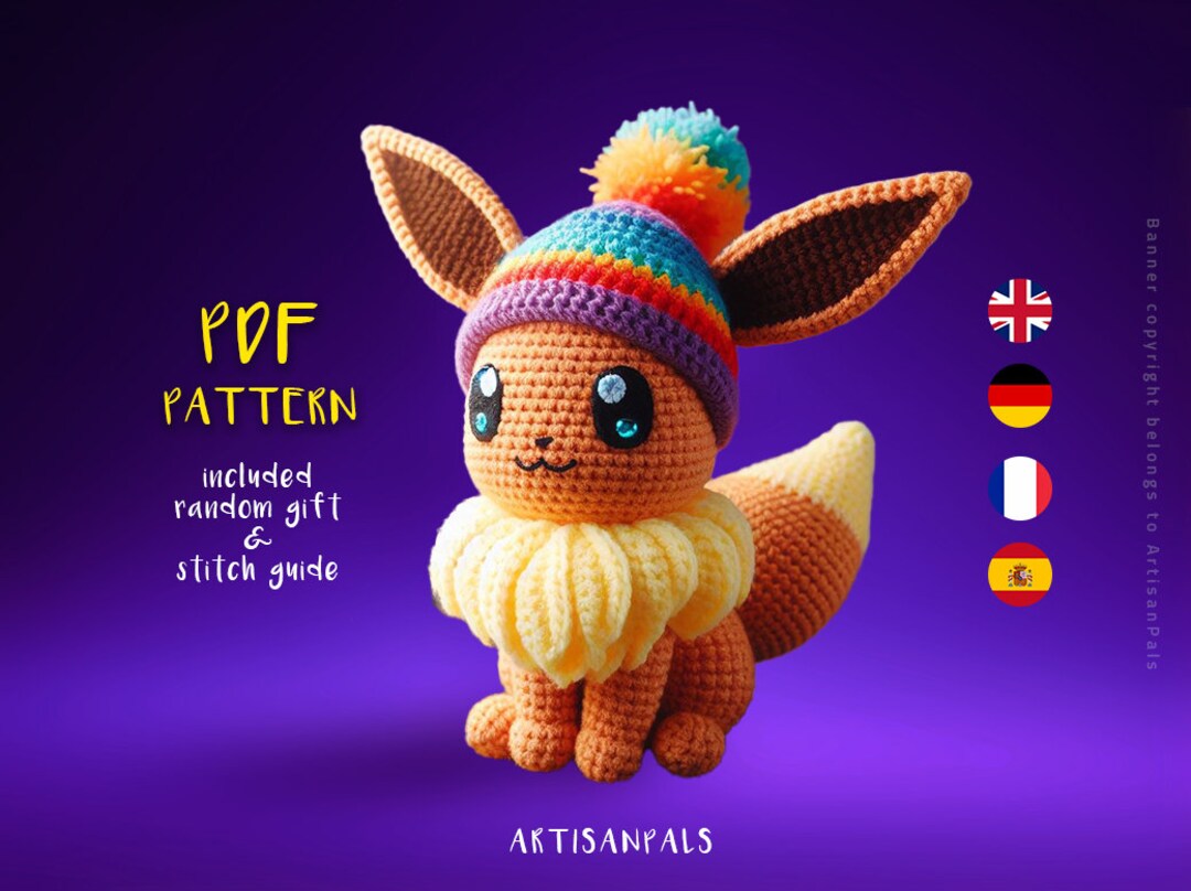 Eevee Crochet Pattern, Pokemon Amigurumi Pattern, Animal Easy Crochet Tutorial, Artisan Craft ...