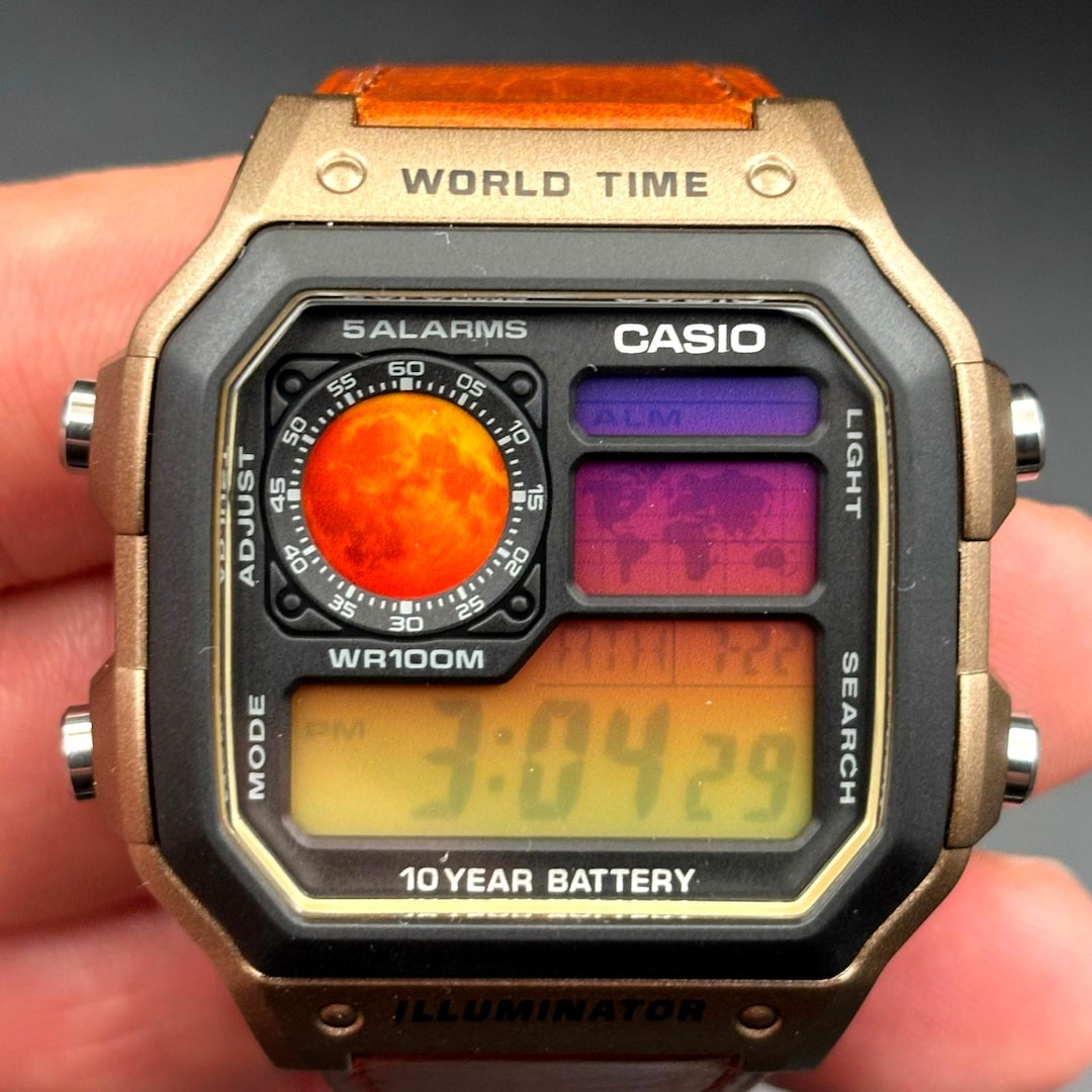 Casio Mod Ae1200wh-5av Mars Horizon World Time Digital Watch Leather ...