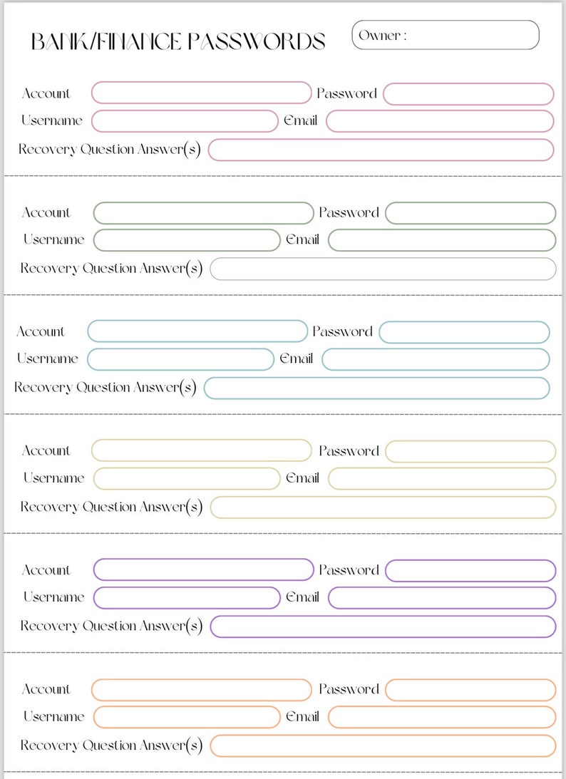 Password Tracker , Digital Templates, Instant Download, - Etsy