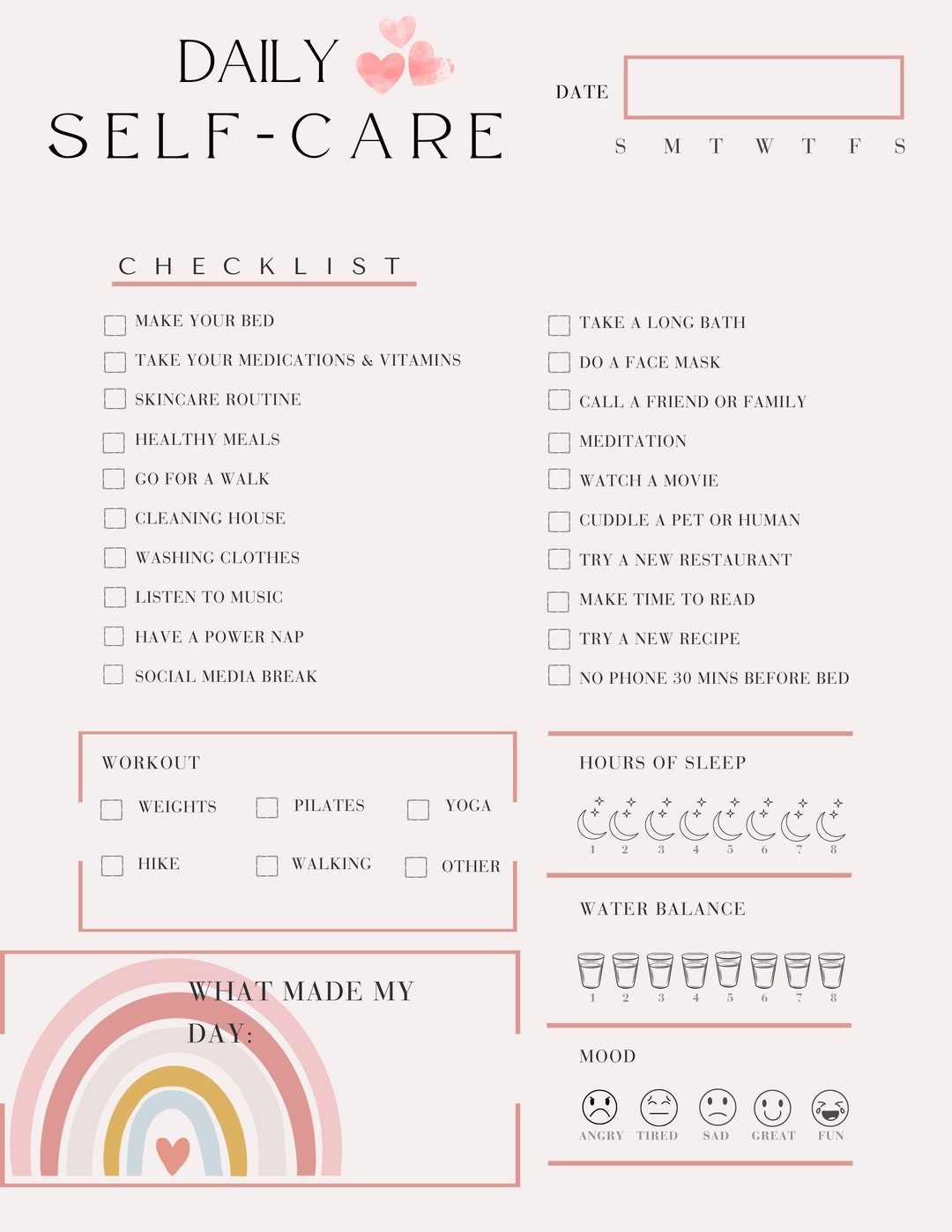 Daily Self- Care Checklist - Etsy