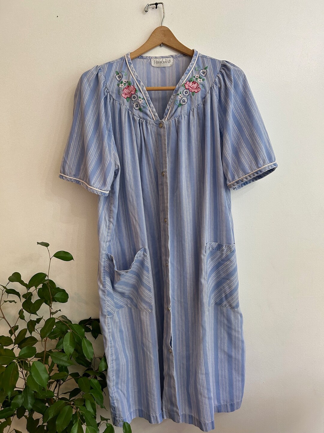 VINTAGE House Dress Button Front Nightgown Muumuu Blue Striped ...
