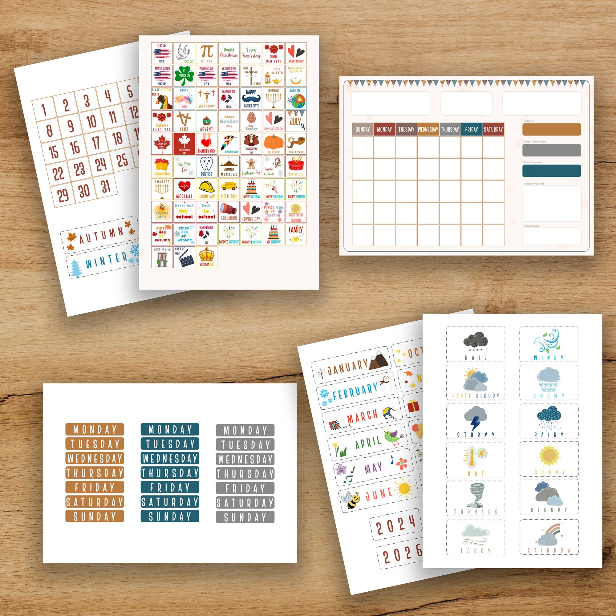 Printable Wall Calendar for Kids, Classroom Perpetual Calendar, Morning ...