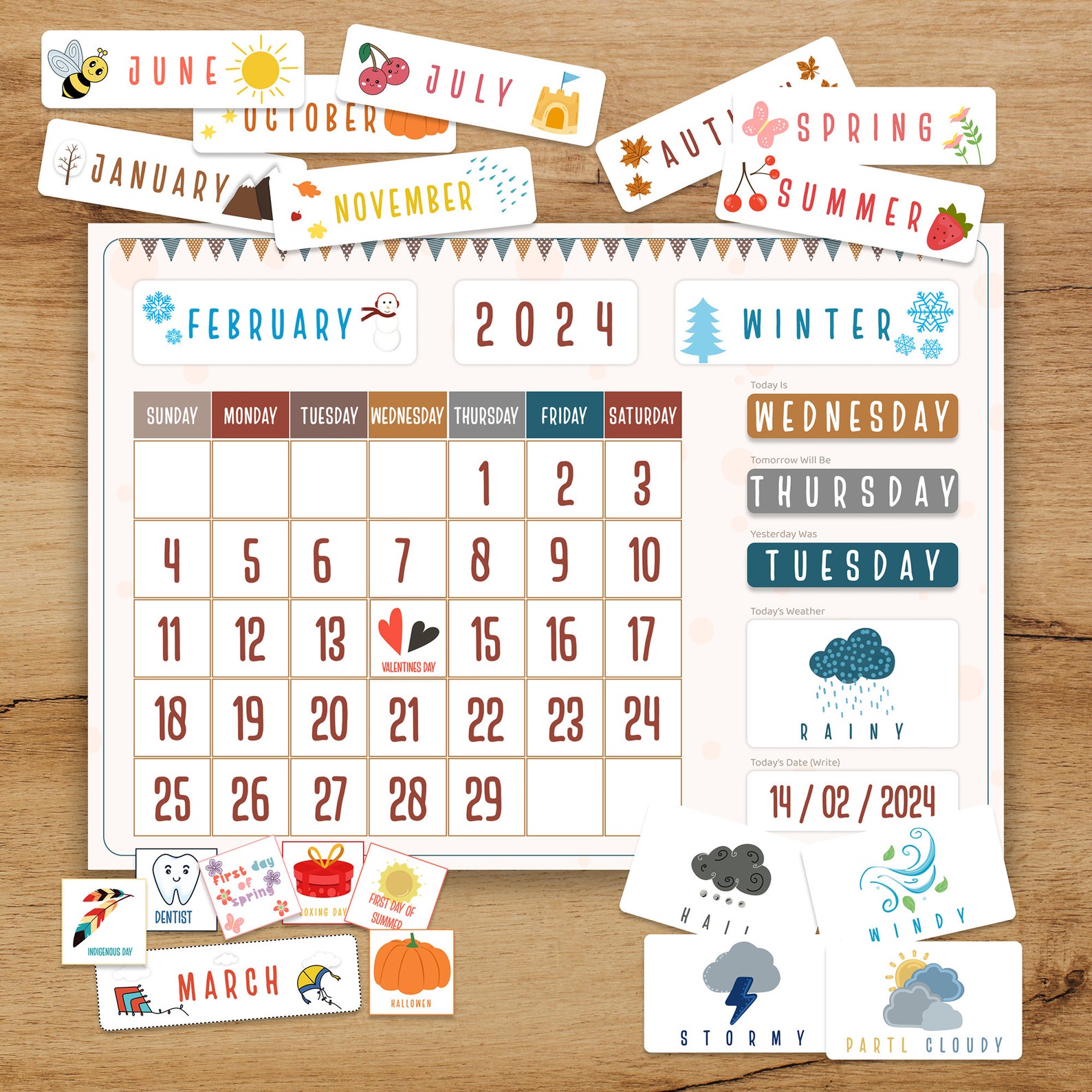 Printable Wall Calendar for Kids, Classroom Perpetual Calendar, Morning ...