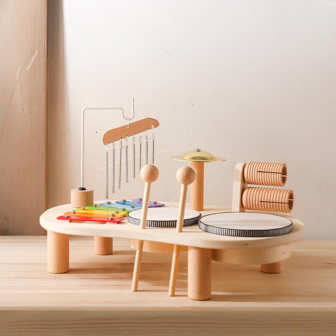 Wooden Montessori Kids Music Set Xylophone, Drum, and Bells Educational ...