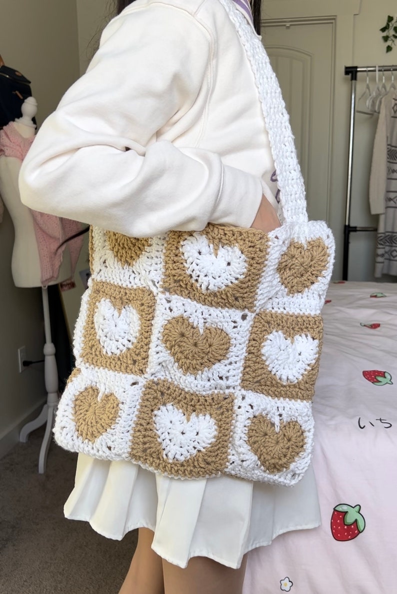 Beige Heart Checkerboard Tote Bag - Etsy
