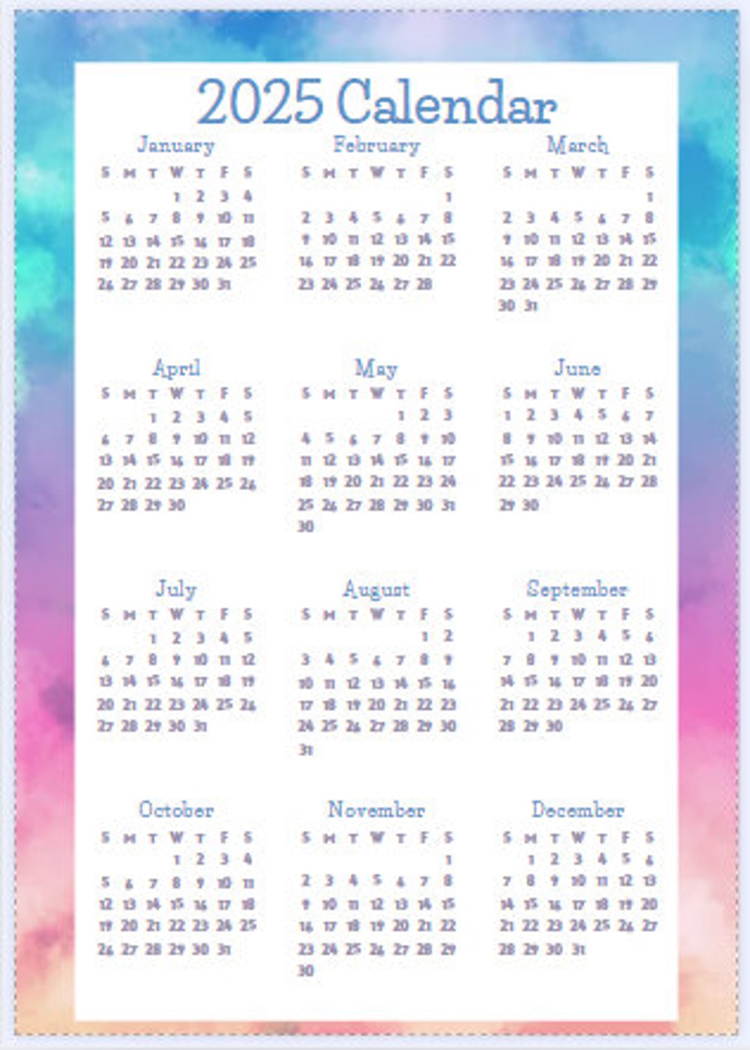 2025 Year at a Glance Calendar 11 Designs Printable Annual Planner ...