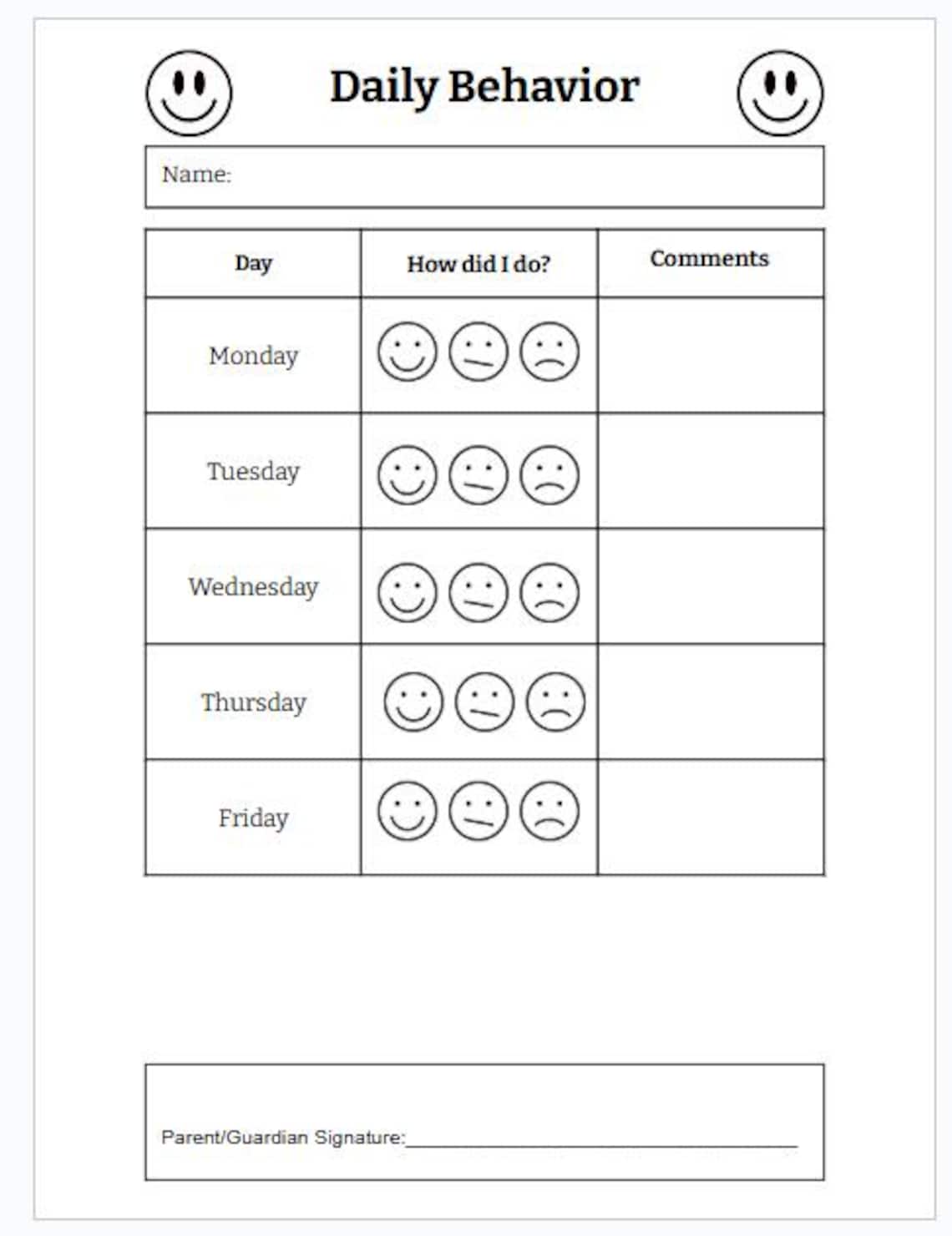 Editable Daily Behavior Chart for Classroom Home 16 Templates ...