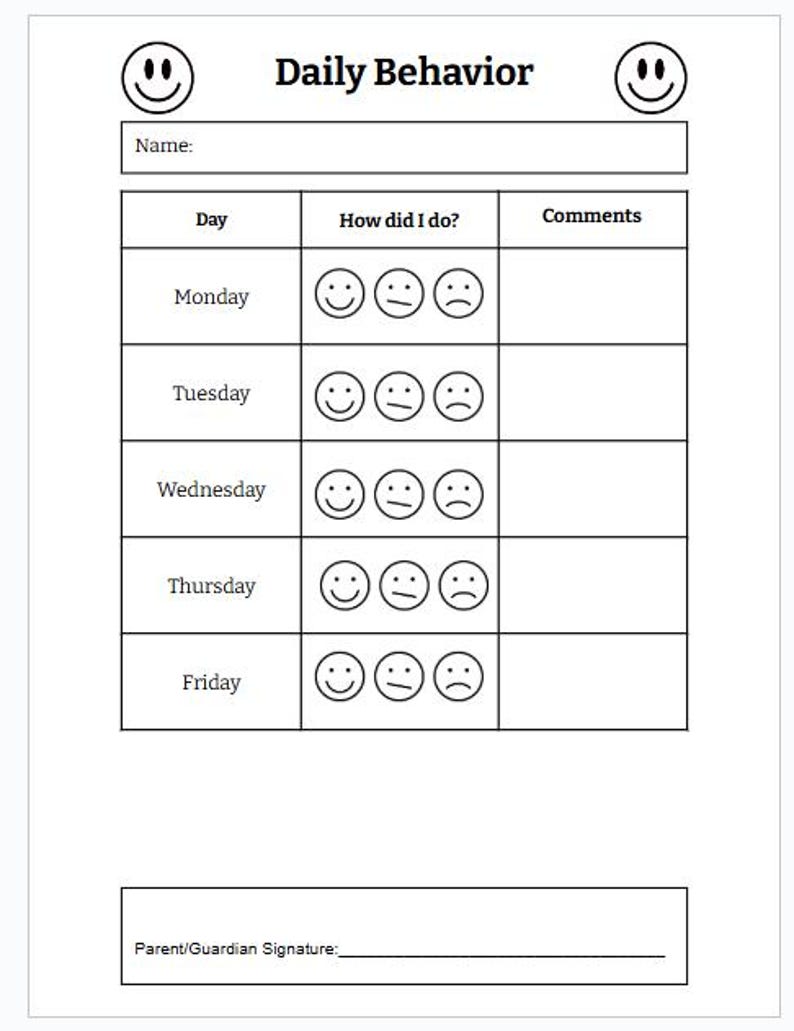 Editable Daily Behavior Chart for Classroom Home 16 Templates ...