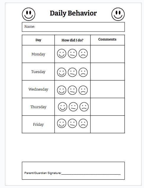 Editable Daily Behavior Chart for Classroom Home 16 Templates ...